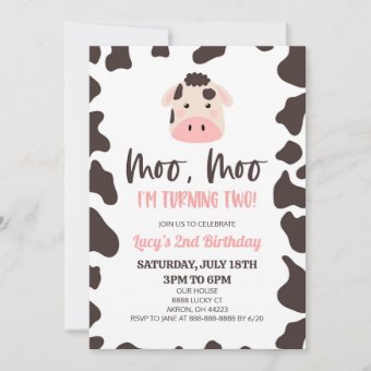 Moo Moo I'm Turning Two! Cow 2nd Birthday Party Invitation | Zazzle