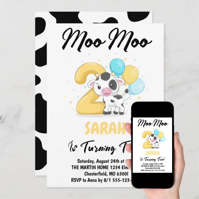 Moo Moo I'm Two Cow 2nd Birthday Party Invitation | Zazzle