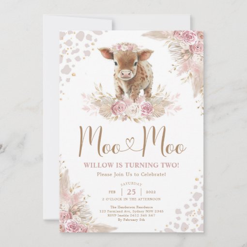Moo Moo Pink Boho Cow Pampas Grass 2nd Birthday Invitation | Zazzle