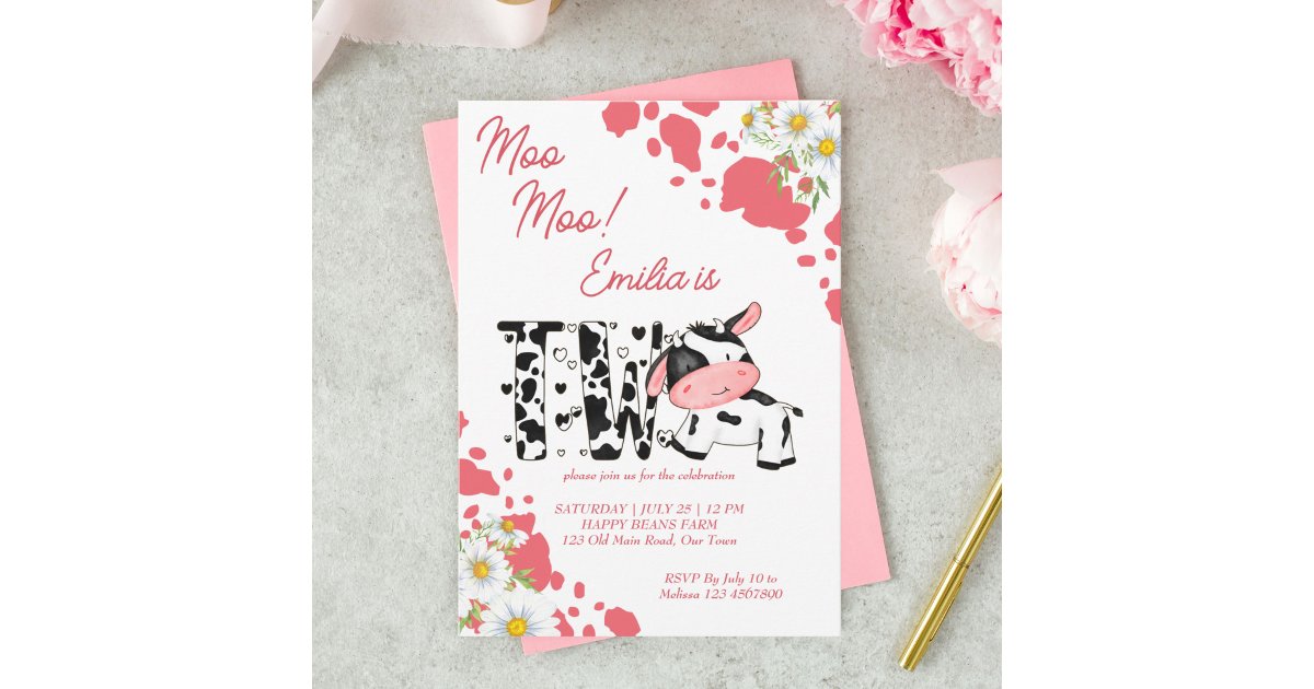 Moo moo pink pattern cute cow birthday party invitation | Zazzle