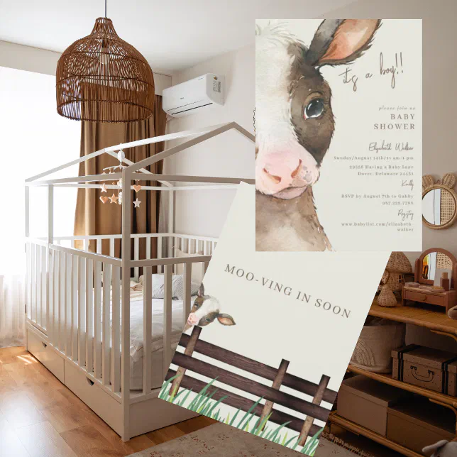 Moo-ving in Soon Cow It's a Boy Baby Shower Invitation | Zazzle