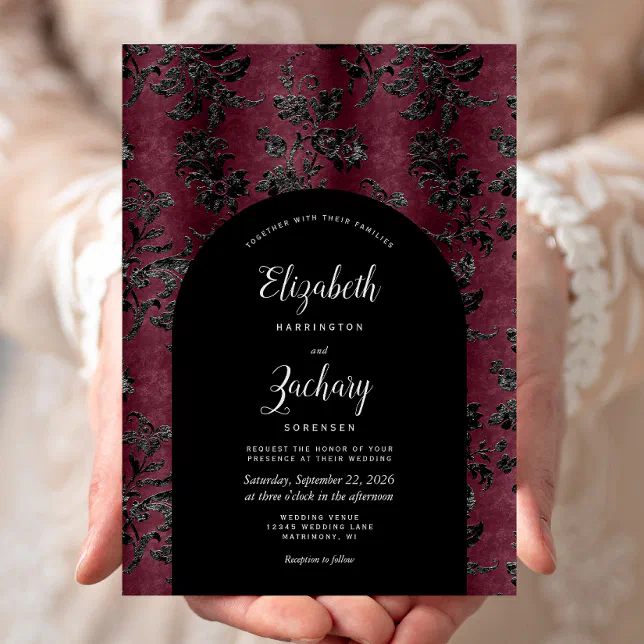 Moody Burgundy Black Damask Arch Dark Wedding Invitation | Zazzle