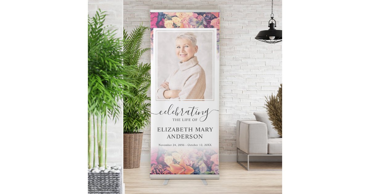 Moody Floral Pattern Celebration of Life Photo Retractable Banner | Zazzle