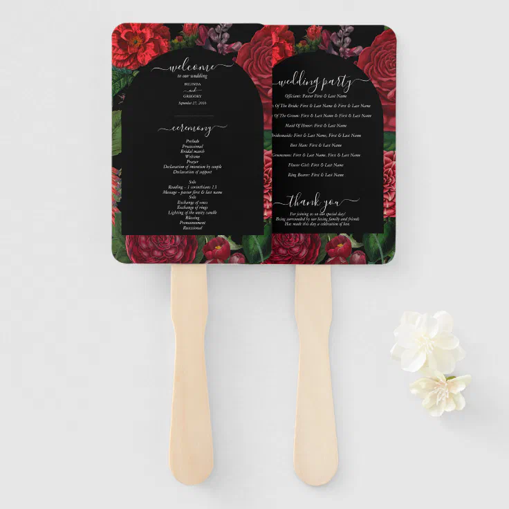 Moody Florals Black Burgundy Wedding Program Hand Fan | Zazzle