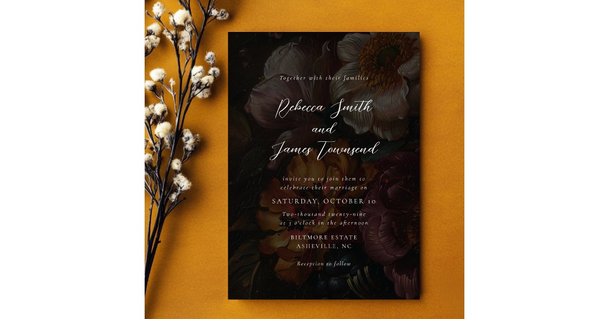 Moody Florals Dark Botanical Calligraphy Wedding Invitation | Zazzle