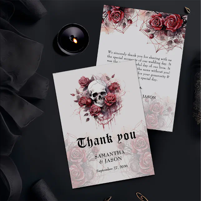 Moody Gothic Floral Skull Halloween Wedding Thank You Card | Zazzle