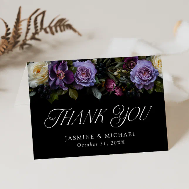 Moody Gothic Floral Wedding Thank You Card | Zazzle