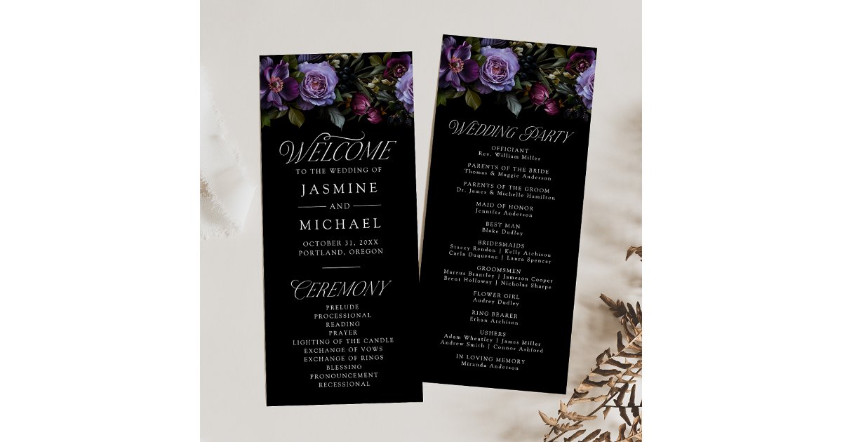 Moody Gothic Purple Floral Wedding Program | Zazzle