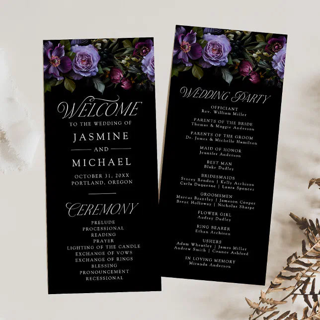 Moody Gothic Purple Floral Wedding Program | Zazzle