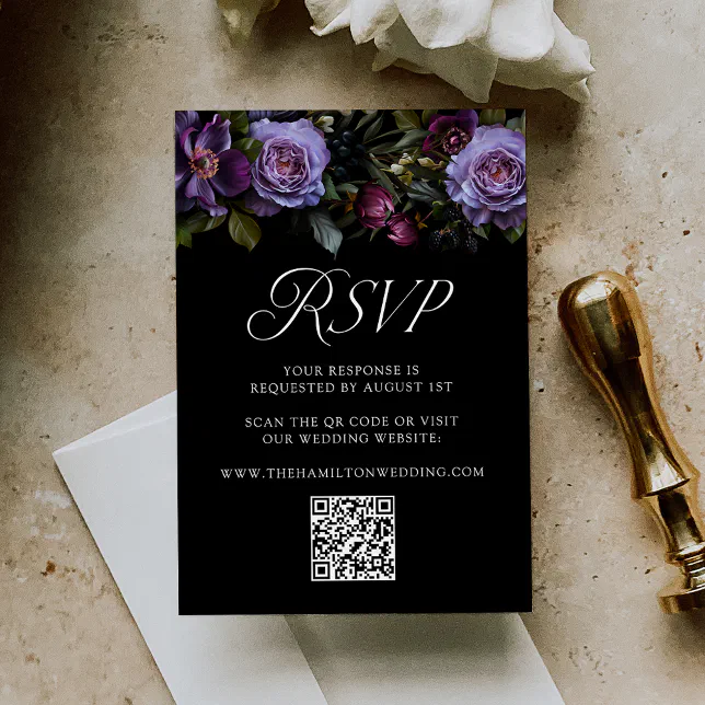 Moody Gothic Purple Floral Wedding QR Code RSVP Card | Zazzle