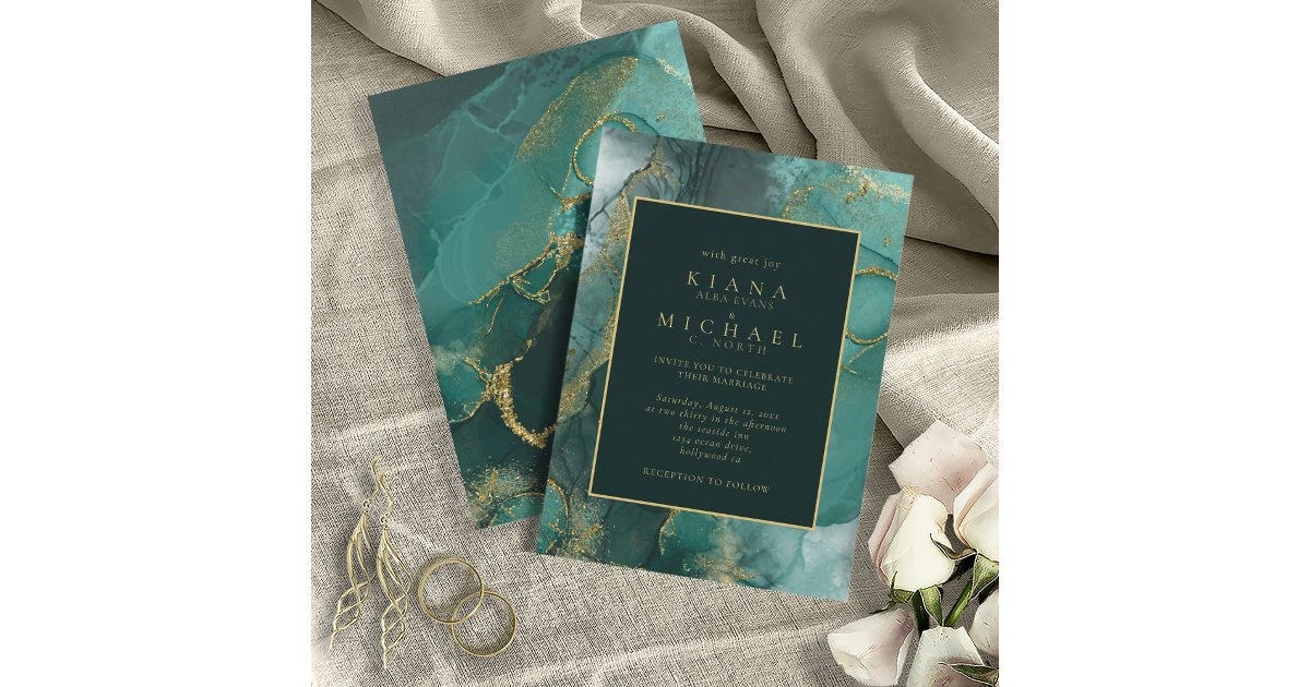 Moody Ink Emerald Gold Abstract ID988 Invitation | Zazzle