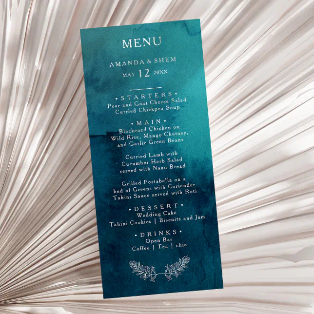 Moody Ocean Watercolor Wedding Dinner Menu | Zazzle