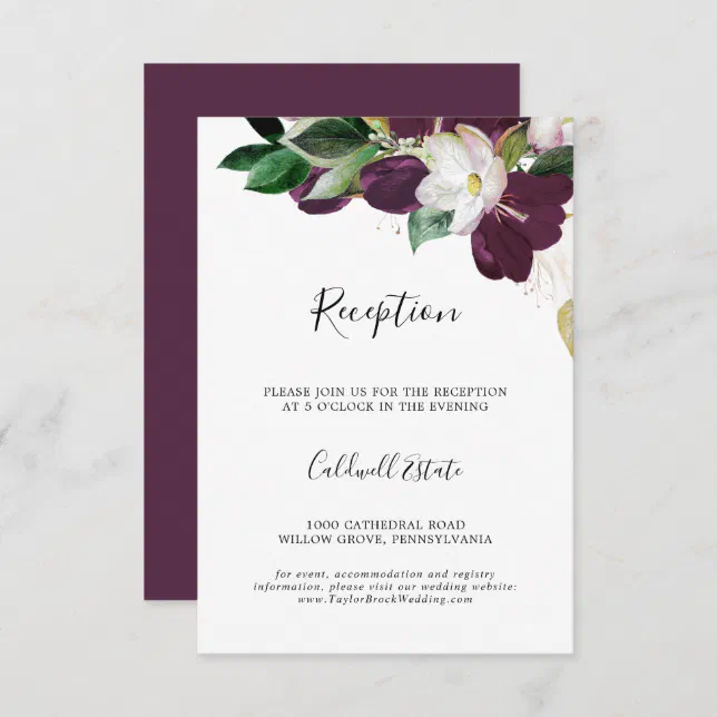 Moody Purple Blooms Wedding Reception Insert Card | Zazzle