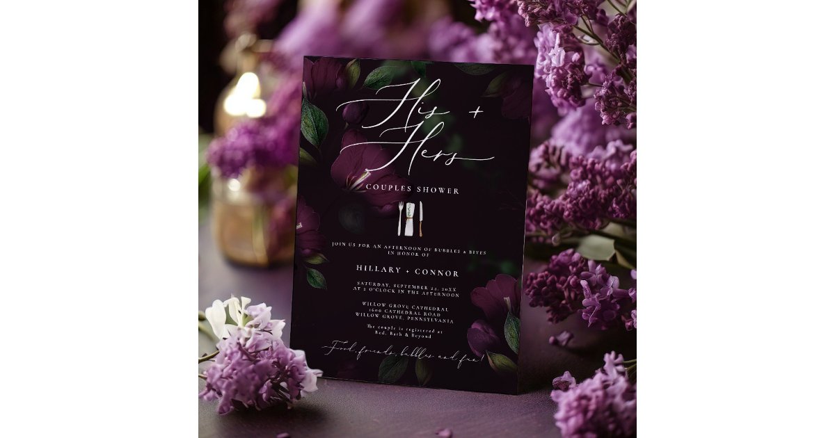 Moody Purple His & Hers Calligraphy Couples Shower Invitation | Zazzle