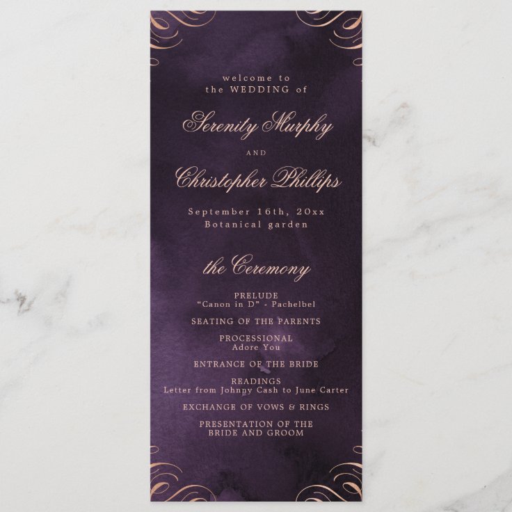 Moody purple rose gold Calligraphy Wedding Program | Zazzle