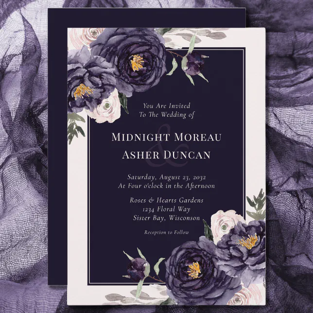Moody Purple Roses Floral Wedding Invitation | Zazzle
