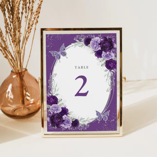 Moody Purple Silver Quinceanera Floral Birthday Table Number | Zazzle