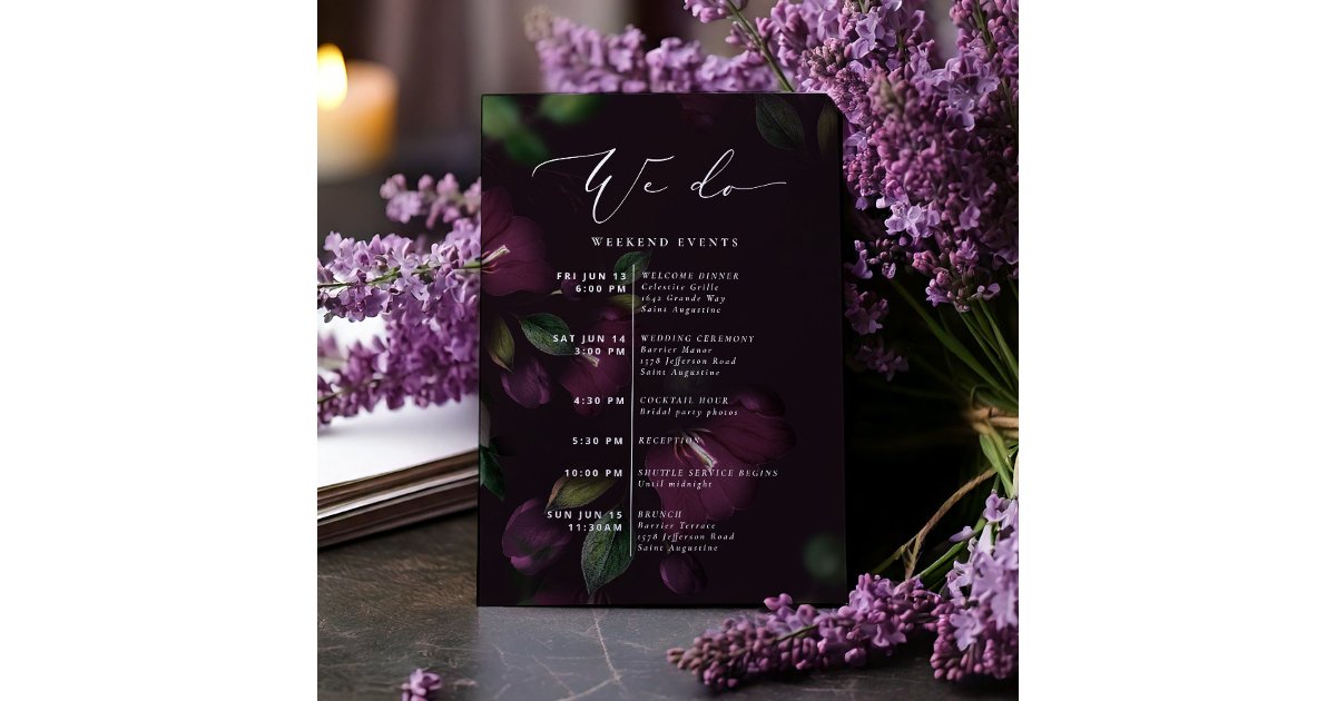 Moody Purple Wedding program Welcome Bag card | Zazzle