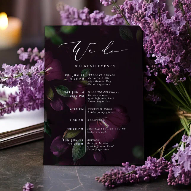 Moody Purple Wedding program Welcome Bag card | Zazzle