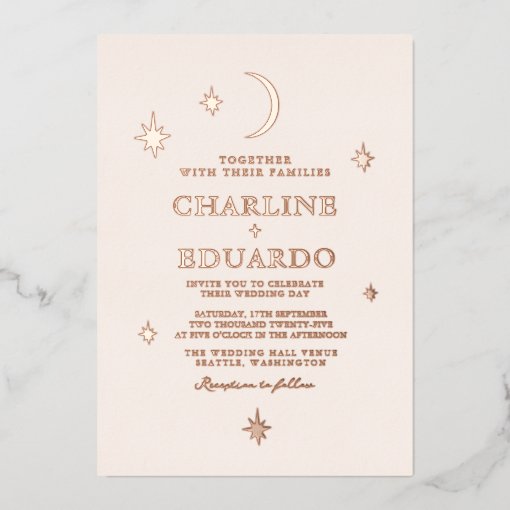 Moon and Stars Celestial Starsign Golden Wedding Foil Invitation | Zazzle