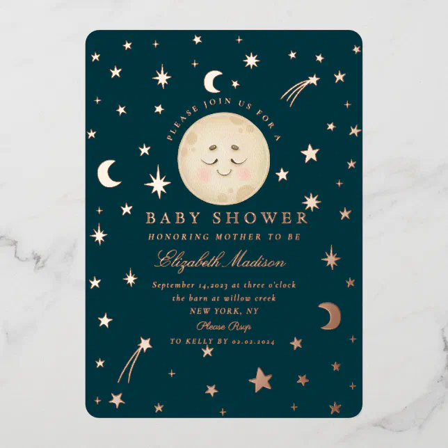 Moon and Stars Night Cute Baby Shower Foil Invitation | Zazzle