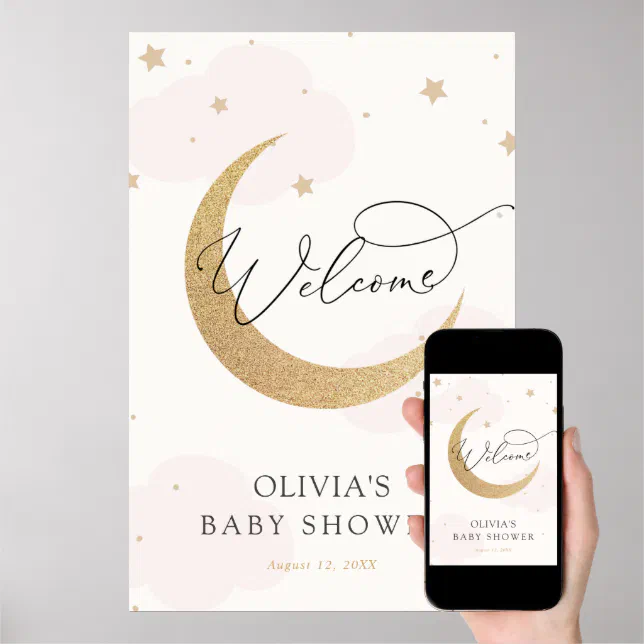 Moon and Stars Pink Baby Shower Welcome Sign | Zazzle