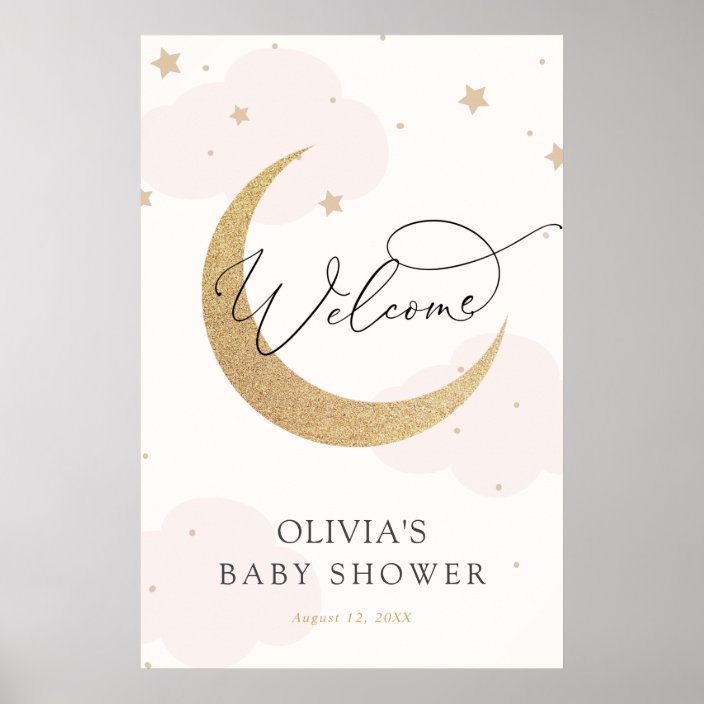 Moon and Stars Pink Baby Shower Welcome Sign | Zazzle