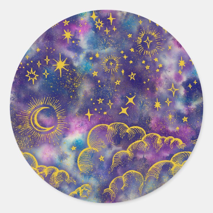 "Moon and Stars" Sticker (Gold-Etc) | Zazzle