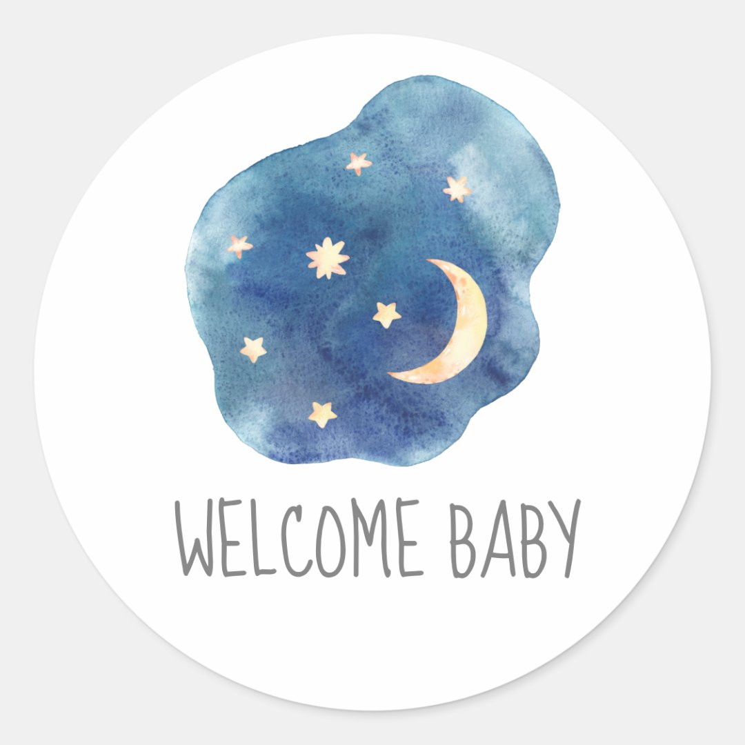 Moon and Stars Welcome Baby Shower Sticker | Zazzle