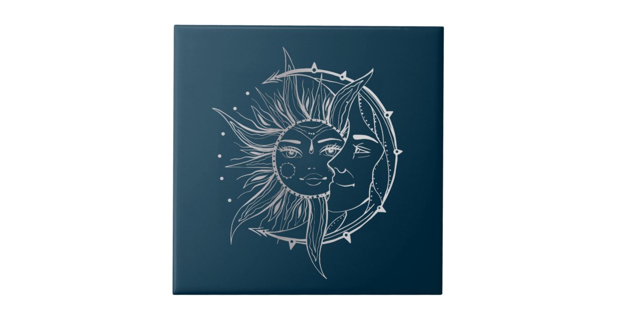 Moon and sun. Vintage style tattoo iluustration Ceramic Tile | Zazzle
