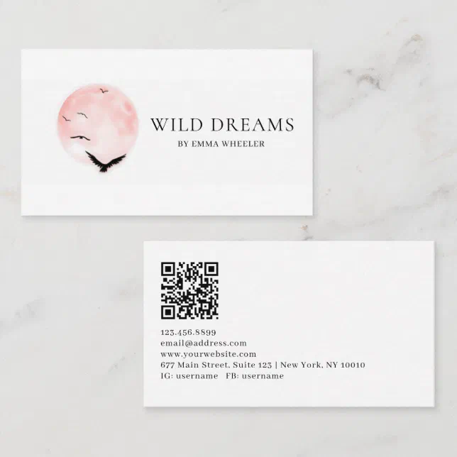 Moon & Birds Logo Design QR Code Business Card | Zazzle