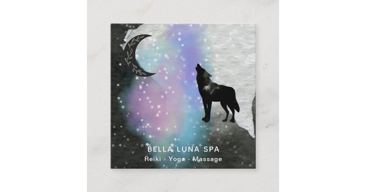 Moon Cosmic . Howling Wolf Rainbow Shaman Square Business Card | Zazzle