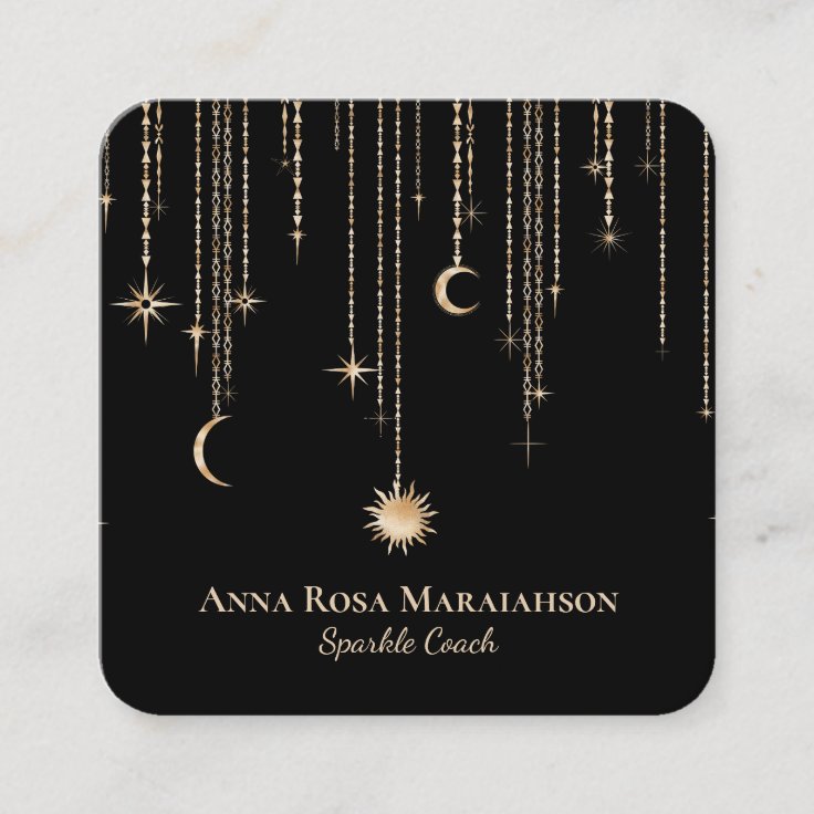 Moon Cosmic Stars Gold Sparkle Sun Glitter Square Business Card | Zazzle