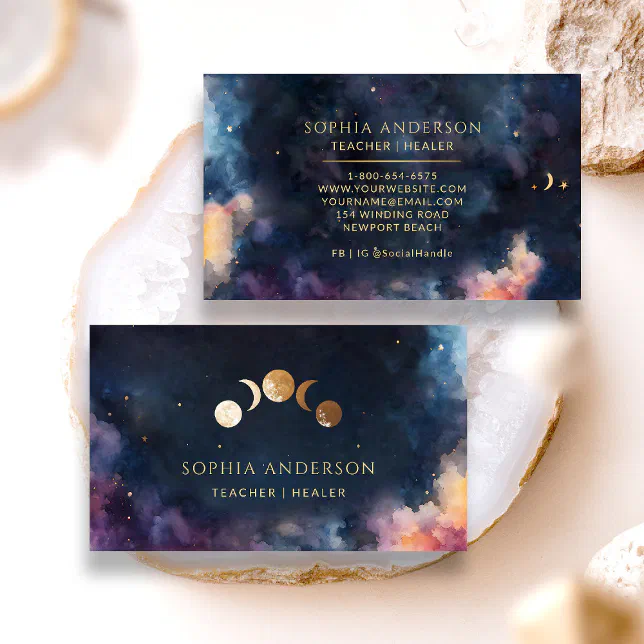 Moon Phases Celestial Navy Healing Arts Coach Chic Business Card | Zazzle