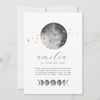 Moon Phases Gold Stars Birthday Invitation | Zazzle