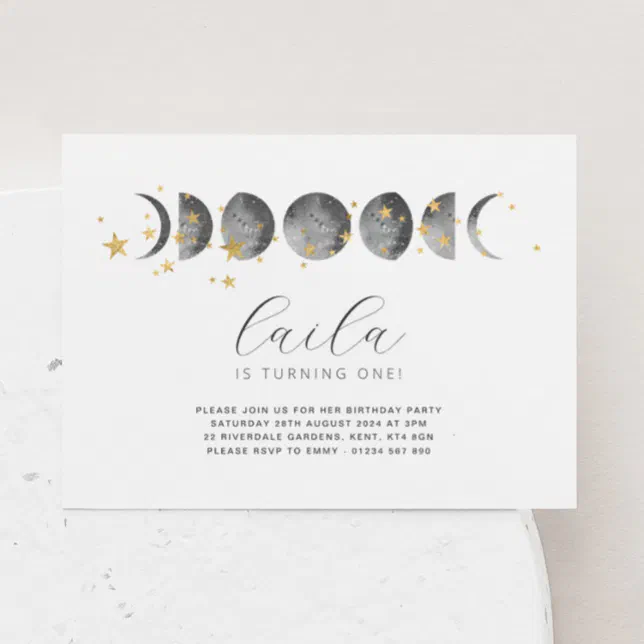 Moon Phases Gold Stars Birthday Invitation | Zazzle
