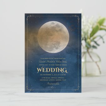 Moon Stars Celestial Navy Blue Wedding Invitation | Zazzle