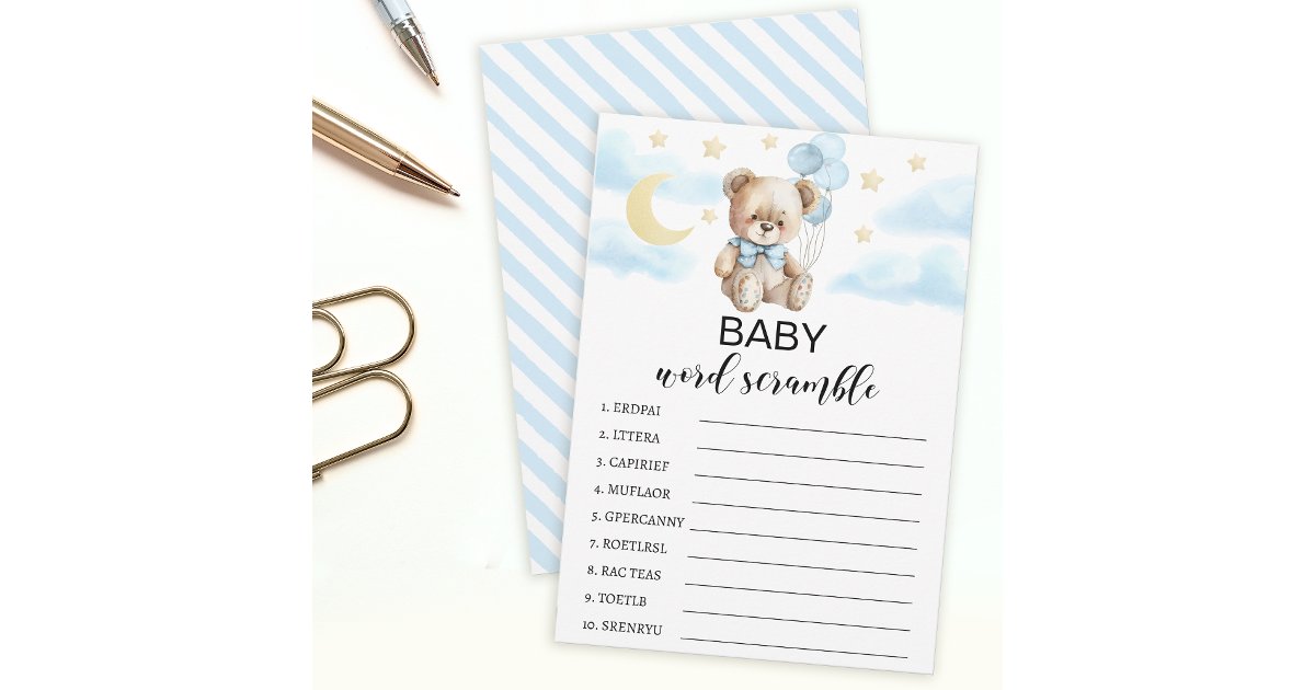 Moon & stars teddy bear baby shower word scramble advice card | Zazzle