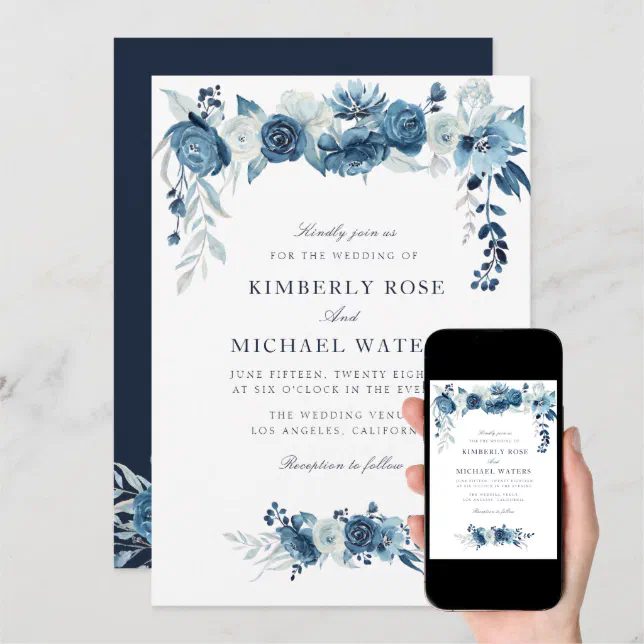 moonlight blue floral frame wedding invitation | Zazzle