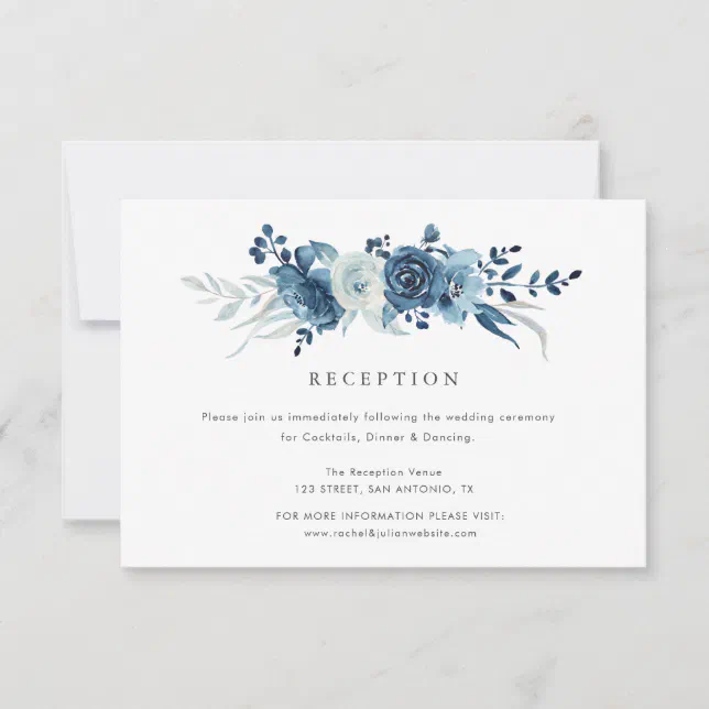 moonlight blue floral wedding reception card | Zazzle