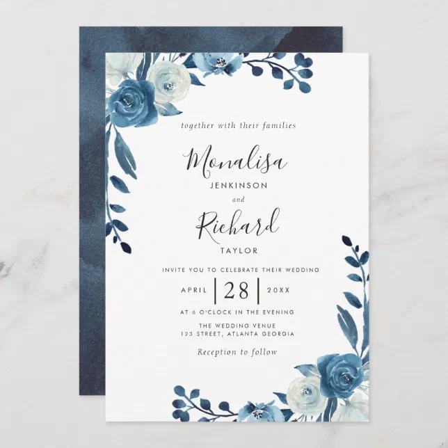 moonlight blue flowers wedding invitation | Zazzle