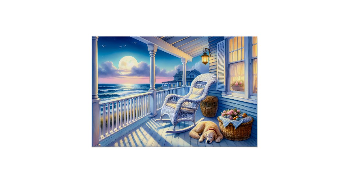 Moonlit Coastal Porch with Dog & Ocean View Poster | Zazzle