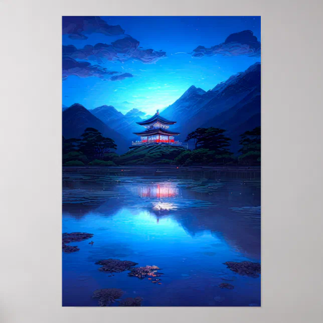 Moonlit Serenity, White Walled Temple Poster | Zazzle