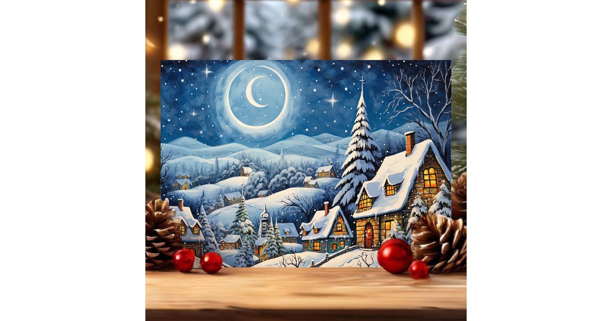 Moonlit Winter Wonderland Snowy Christmas Village Holiday Card | Zazzle