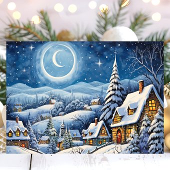 Moonlit Winter Wonderland Snowy Christmas Village Holiday Card | Zazzle
