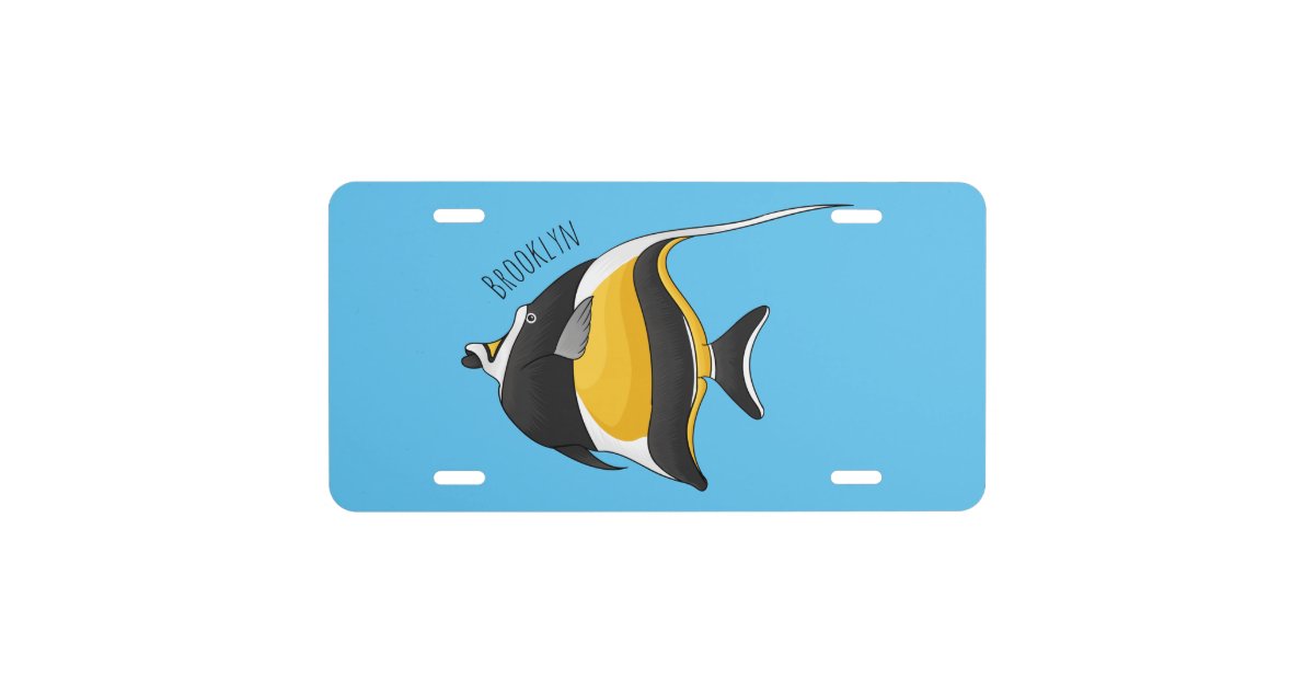 Moorish idol fish cartoon illustration license plate | Zazzle