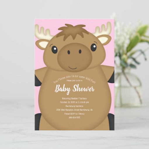 Moose Baby Shower Pink Invitation | Zazzle