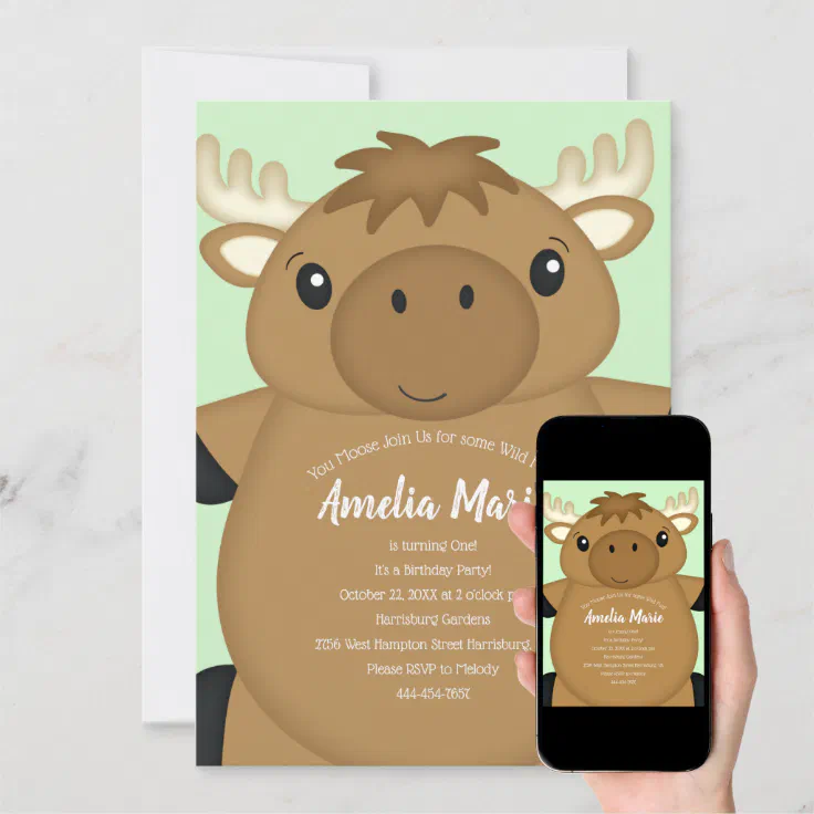 Moose Birthday Party Green Invitation | Zazzle