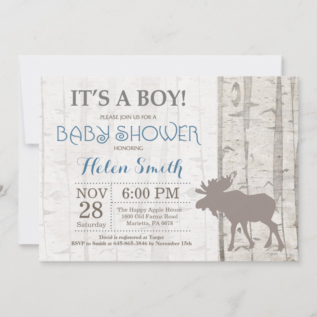 Moose Boy Baby Shower Invitation Rustic Woodland | Zazzle