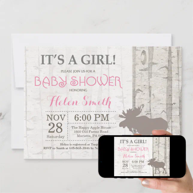 Moose Girl Baby Shower Invitation Rustic Woodland | Zazzle